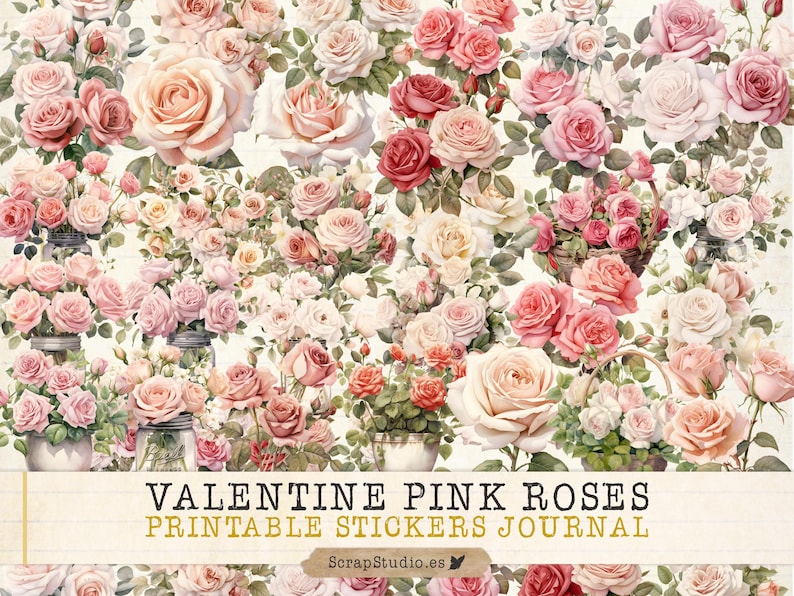 Vintage Valentine Pink Roses Watercolor Stickers Journal, 28 Fussy Cuts ...