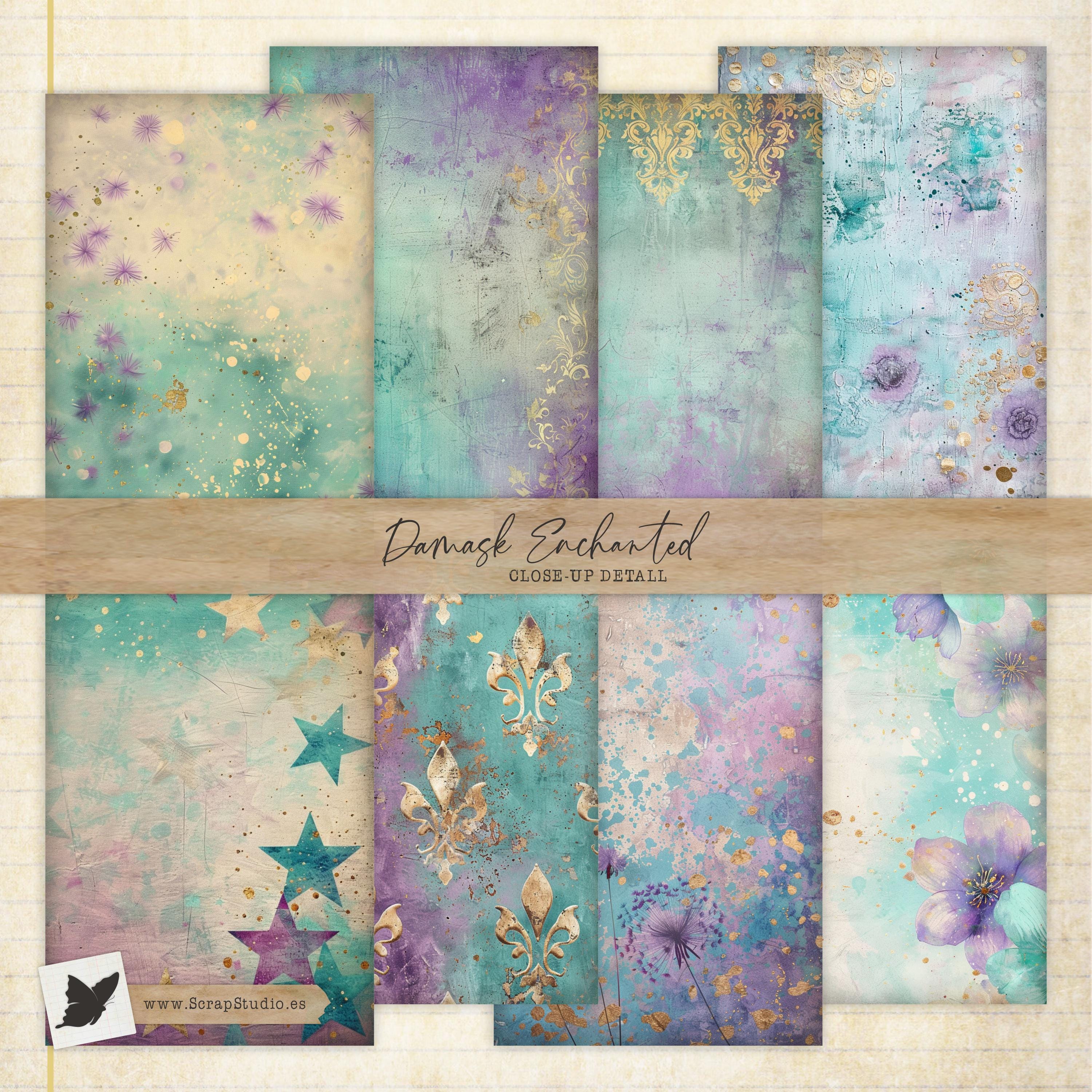 Damask Enchanted Digital Paper A4 Pack – Turquoise Violet Gold Antique Textures - Etsy