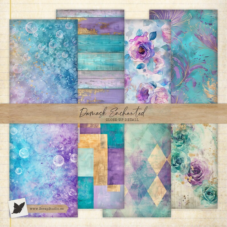 Damask Enchanted Digital Paper A4 Pack – Turquoise Violet Gold Antique Textures - Etsy