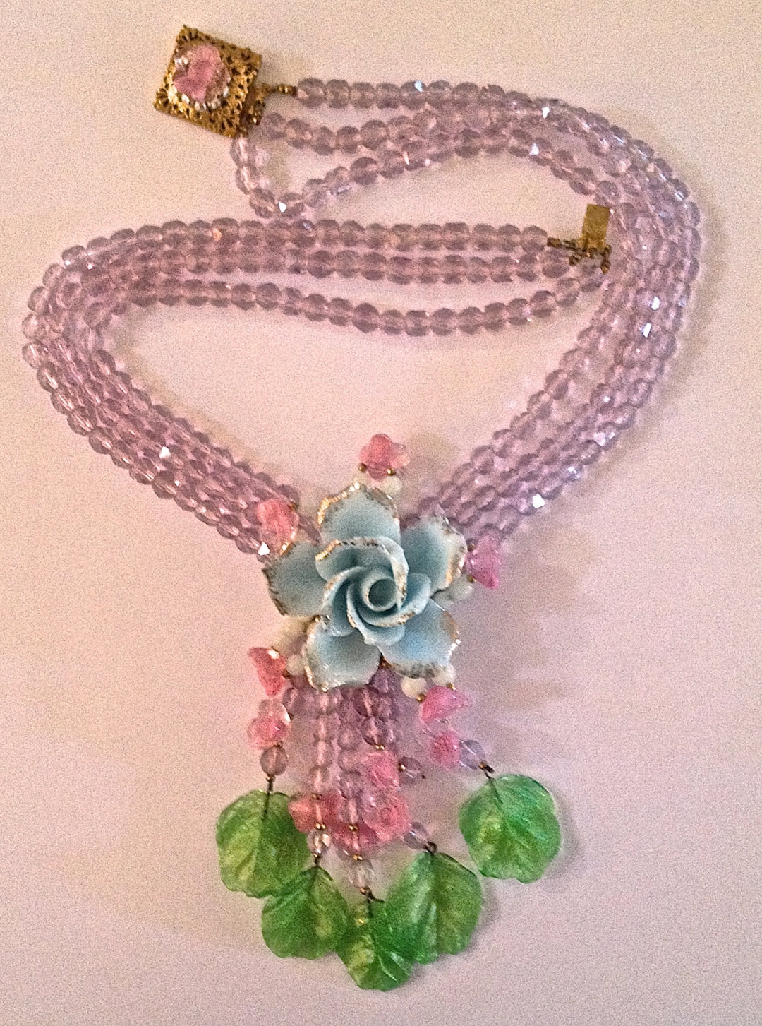 Vintage Rare Necklace of Glass Crystal Faceted Beads With Porcelain ...