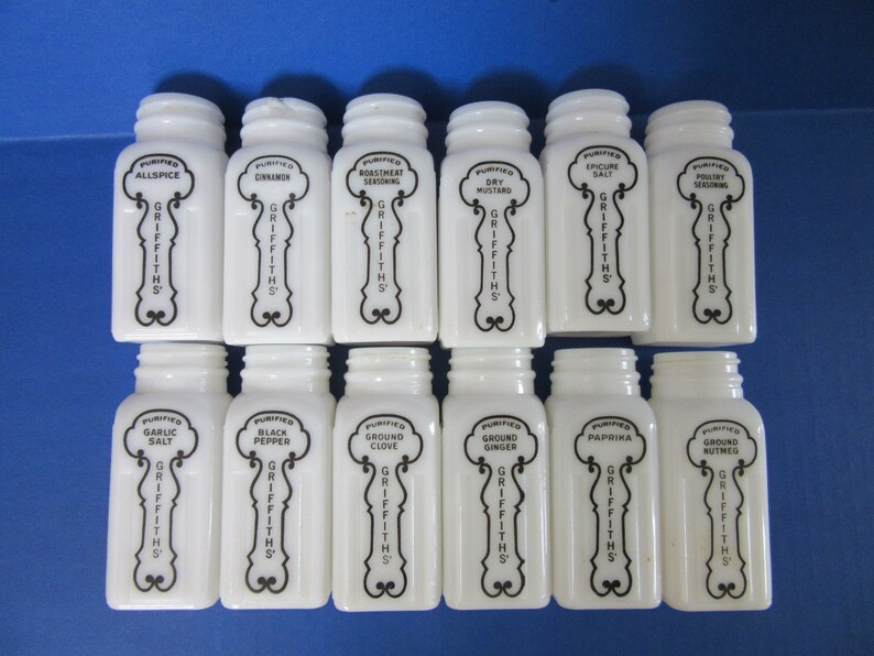 12 Griffith Laboratories Art Deco Milk Glass Spice Jars and Rack 1930s ...