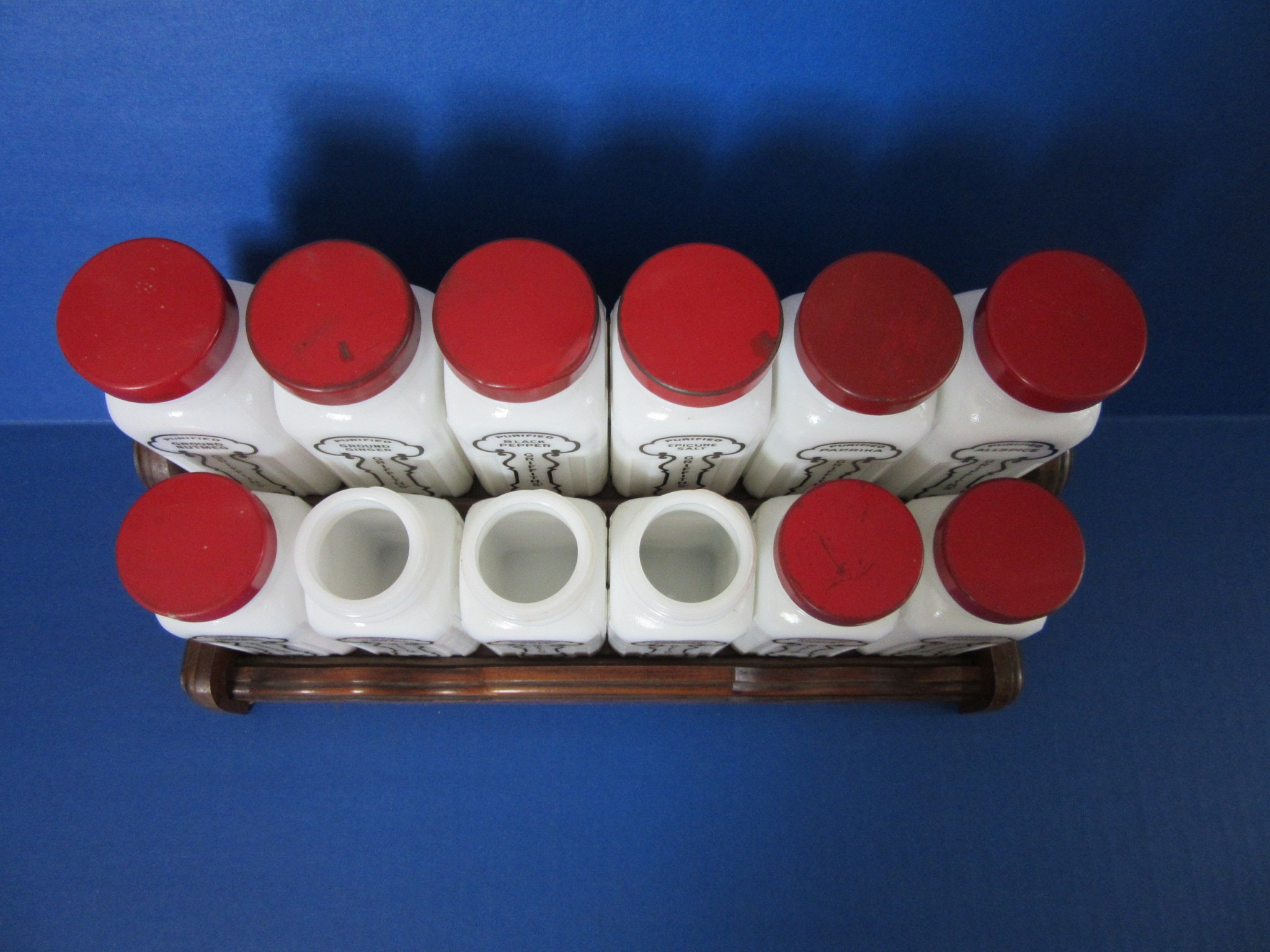 12 Griffith Laboratories Art Deco Milk Glass Spice Jars and Rack 1930s ...