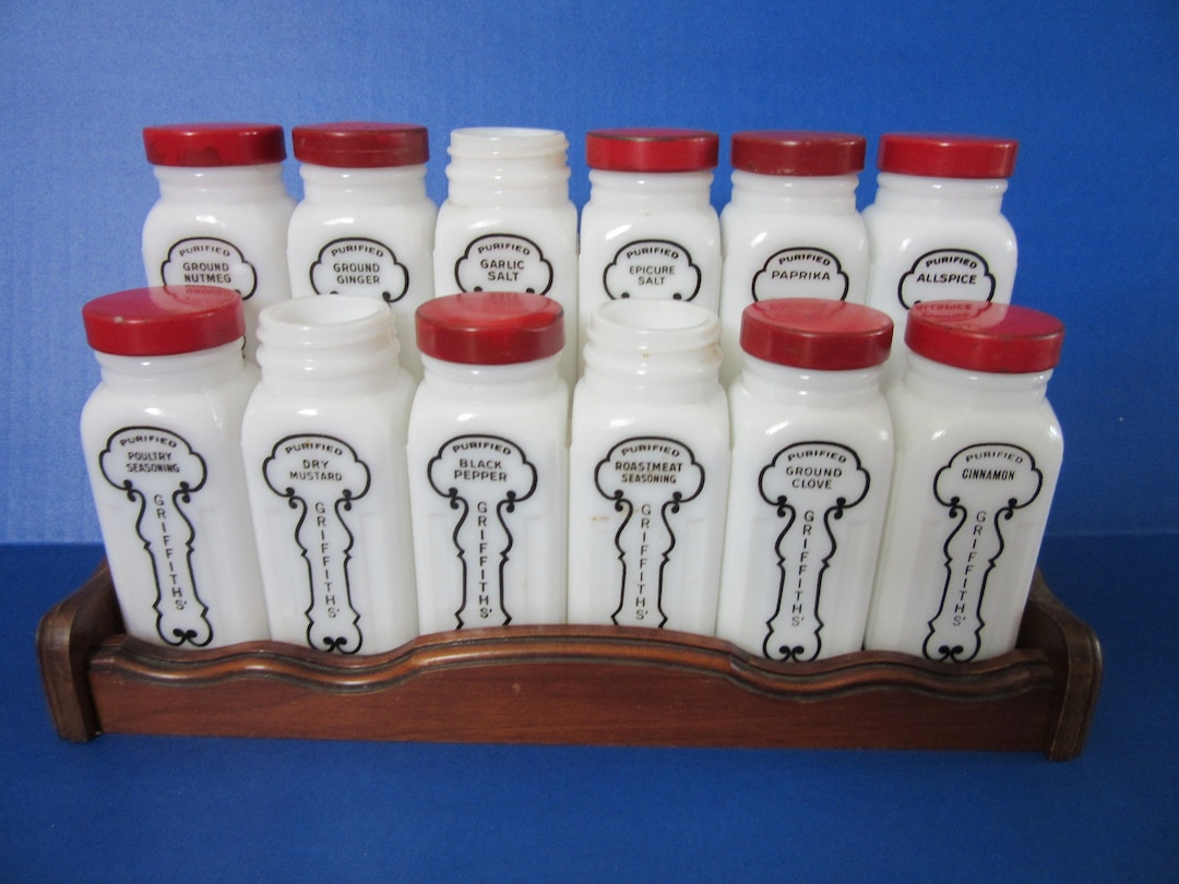 12 Griffith Laboratories Art Deco Milk Glass Spice Jars and Rack 1930s ...