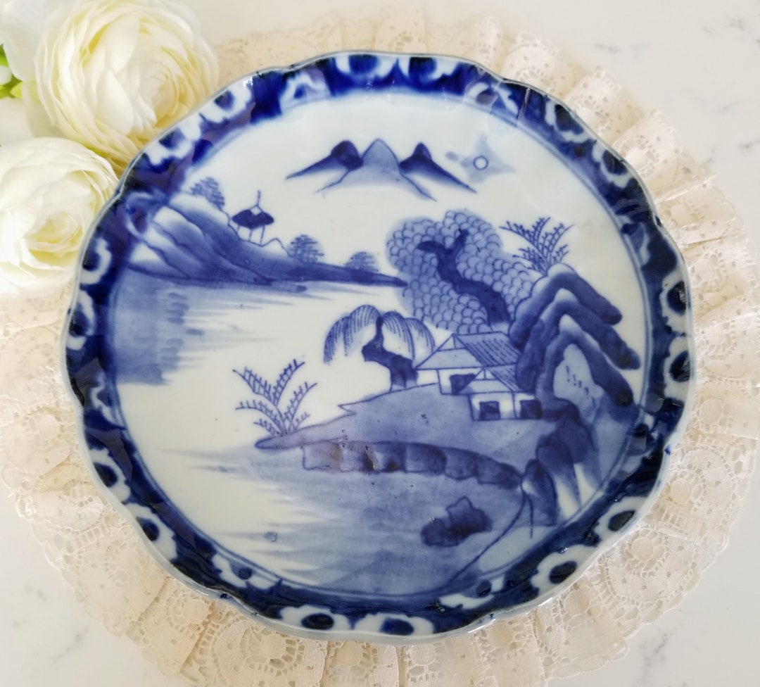 Antique (19th Century) Japanese Porcelain Plate, Hand-painted Blue and ...