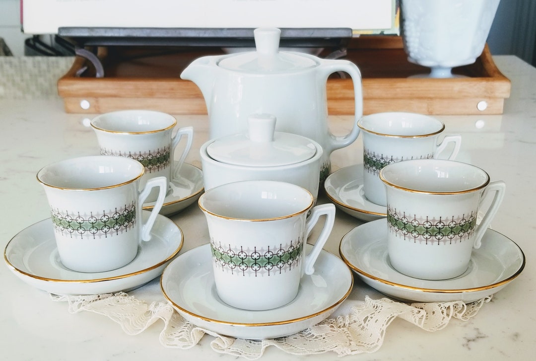 IPA Coffee/espresso Set for 5, Green and Brown Geometric Band, Gold ...