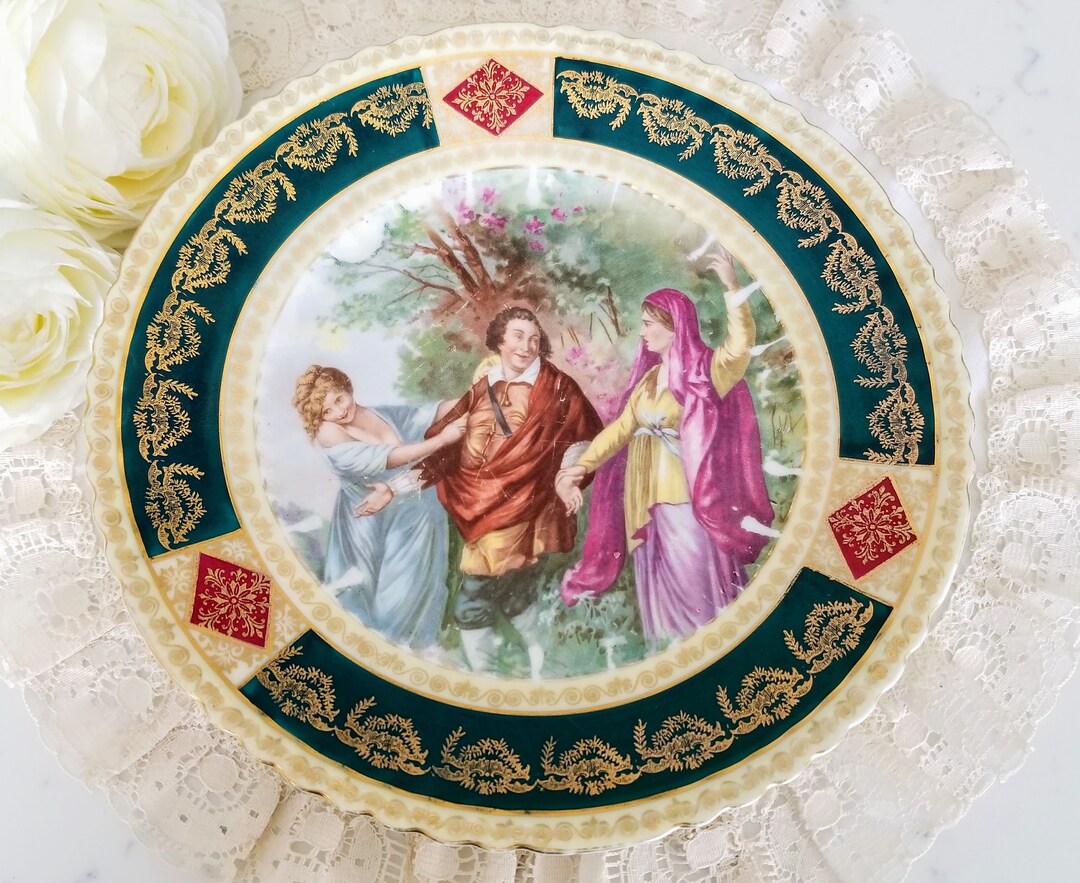 Antique Victoria Austria Plate, Oil Painting Impression, Green Rim ...