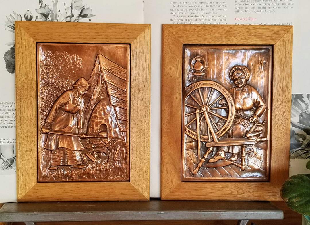 Set of 2 Vintage Rustic Copper Landscape Art, Copper Plaques in Wood ...
