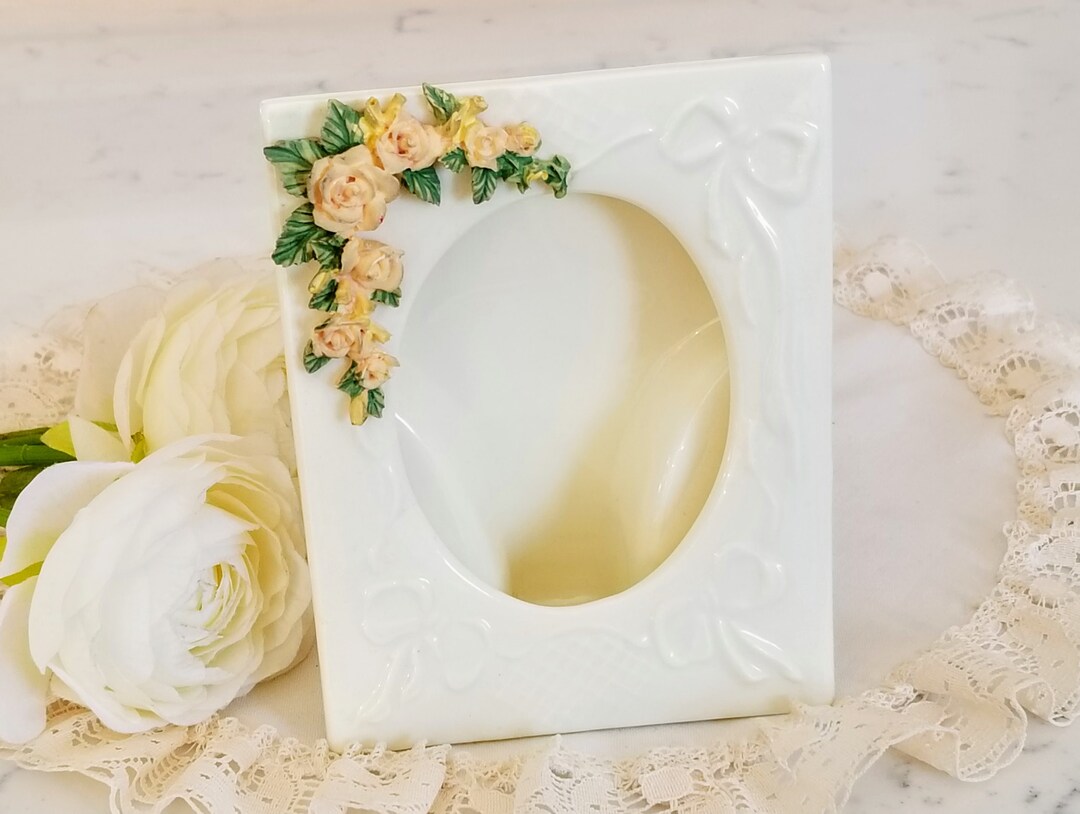 Vintage Free Standing Ceramic Picture Frame, Embossed With Bows, 3D ...
