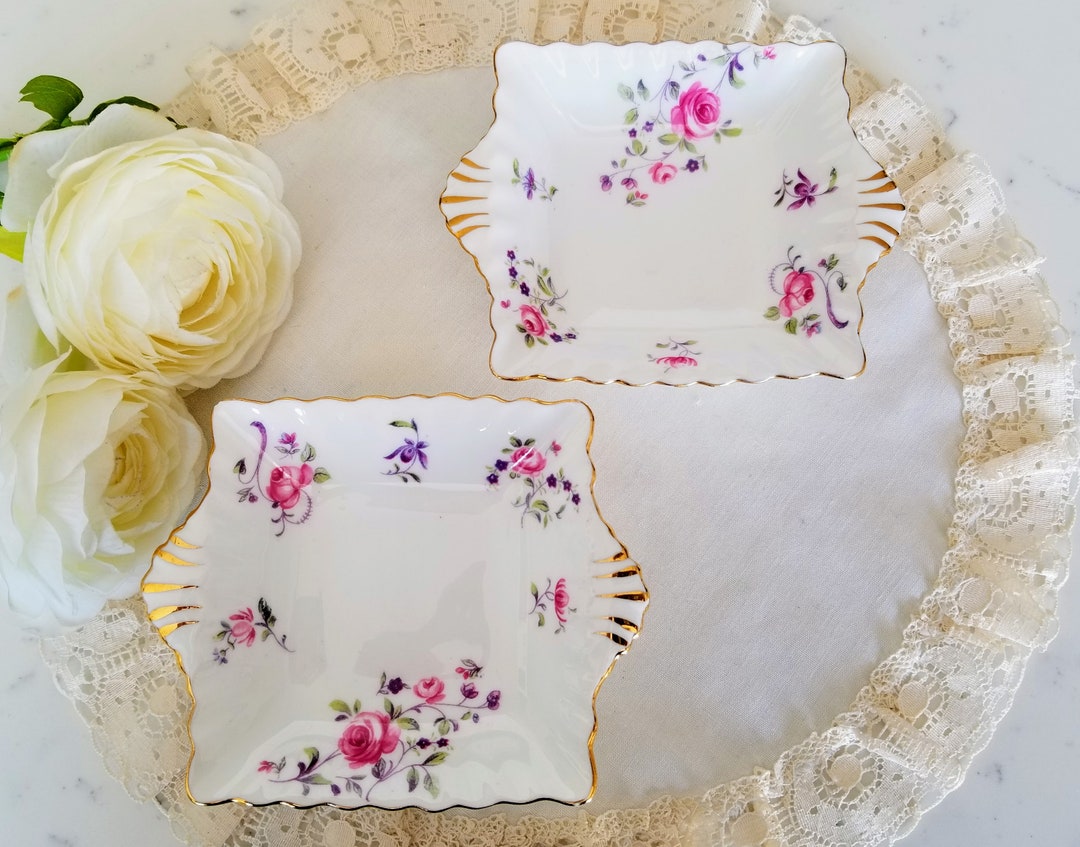 Pair of Vintage Crown Staffordshire English Rosebud Square Handled ...