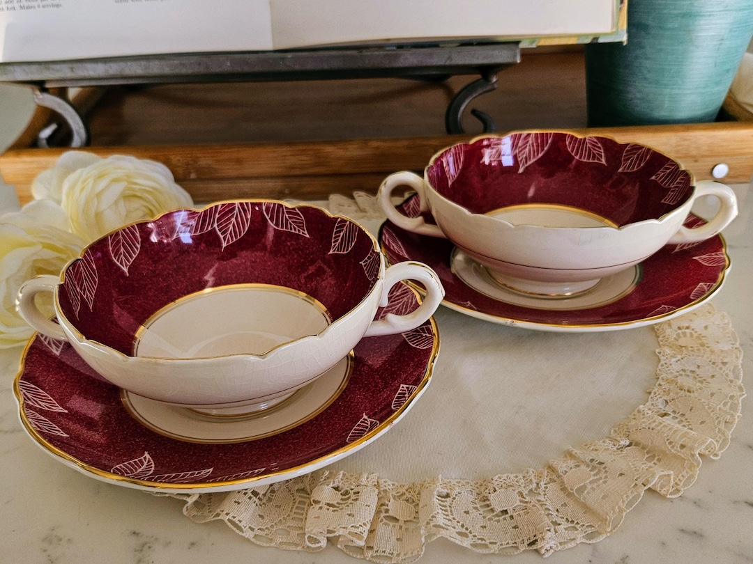Set of 2 Coalport Cardinal (red) Cream Soup/bouillon Bowl and Saucer ...
