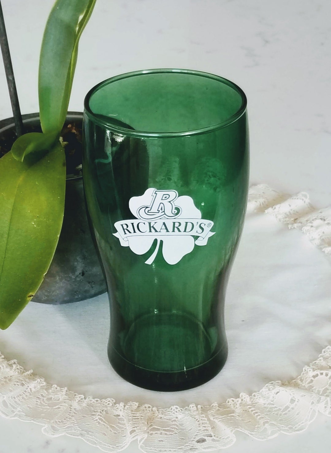 Vintage Rickard's Pint Glass, Green Glass, White Logo, Vintage Beer ...