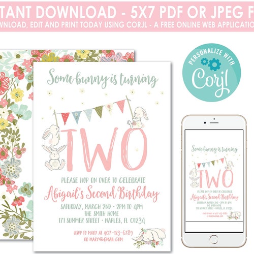 Bunny Birthday Invitation Some Bunny is Turning Two Second - Etsy