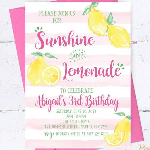 Lemonade Birthday Party Invitation Pink Lemonade Birthday - Etsy