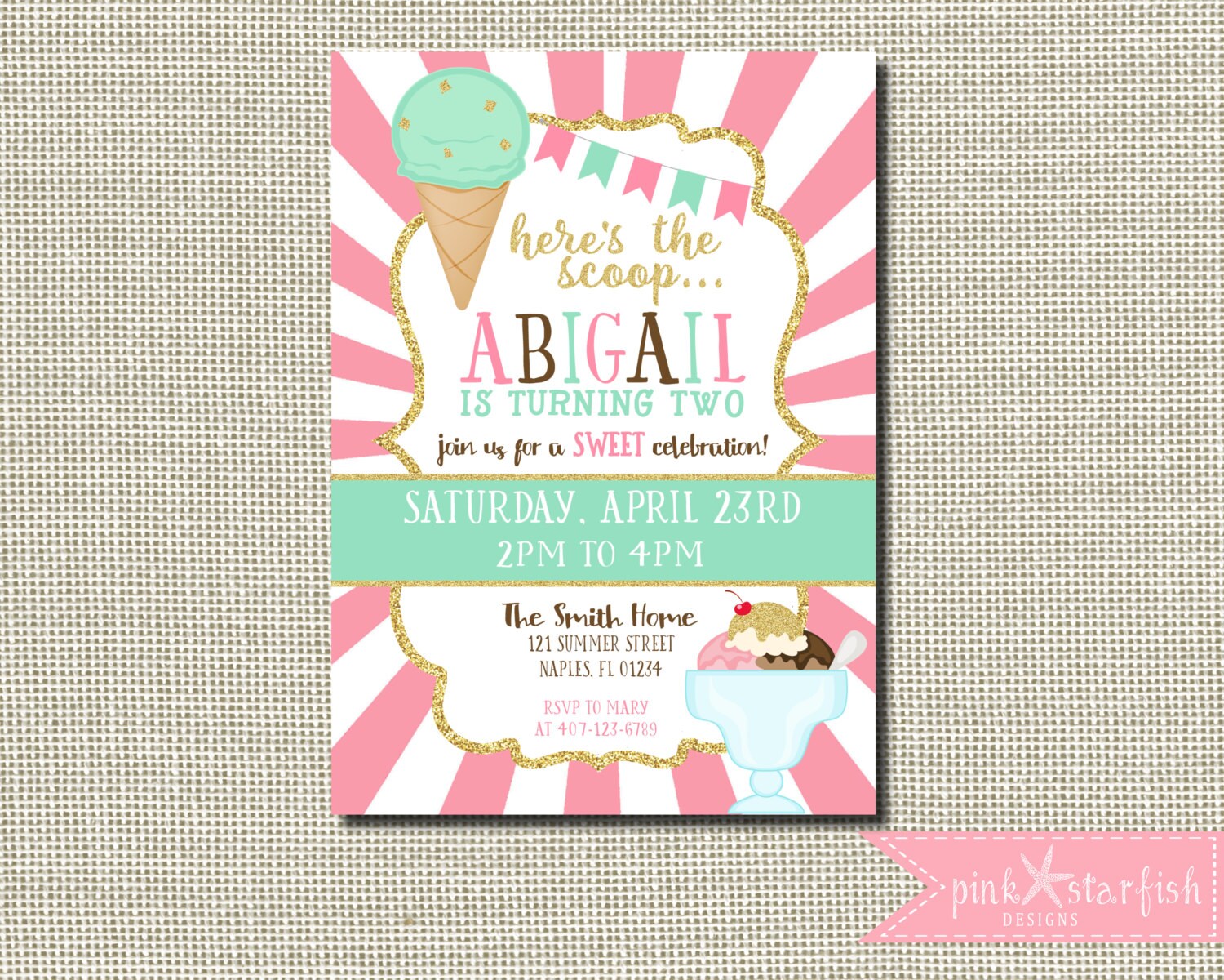 Ice Cream Birthday Invitation Ice Cream Invitation Glitter | Etsy
