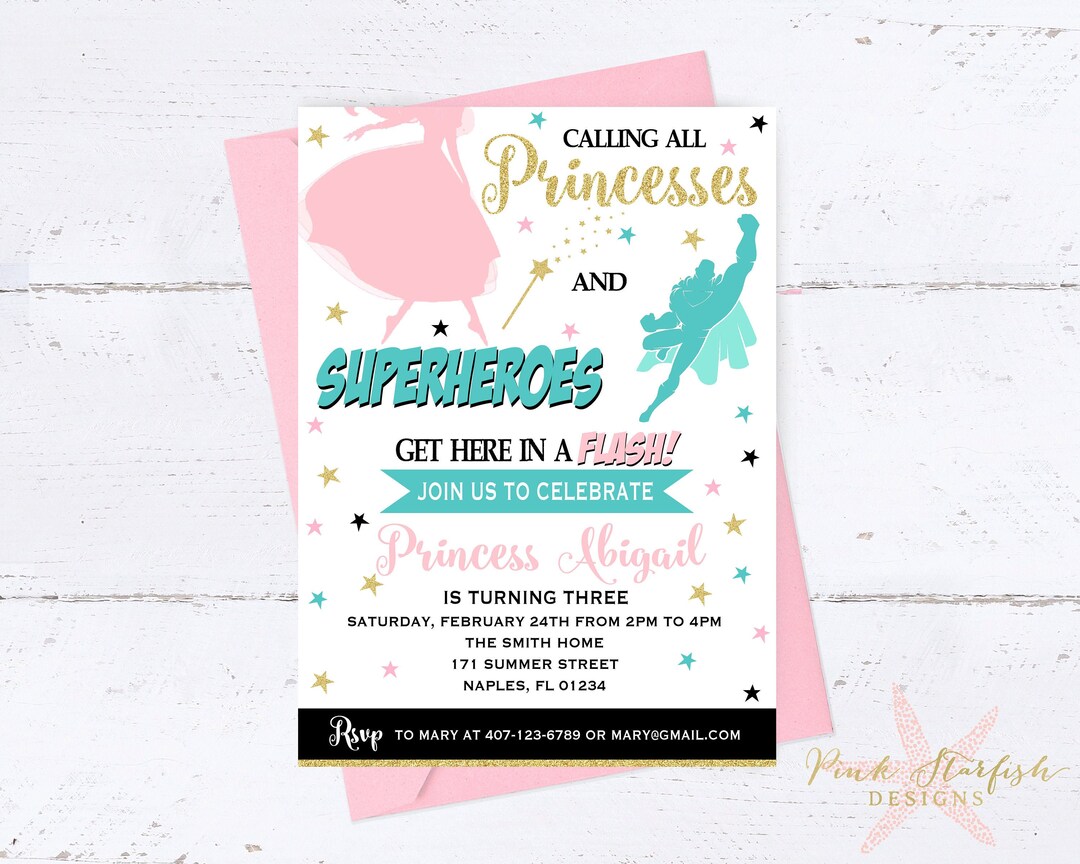 Princess and Superhero Invitation, Princess and Superhero Birthday ...