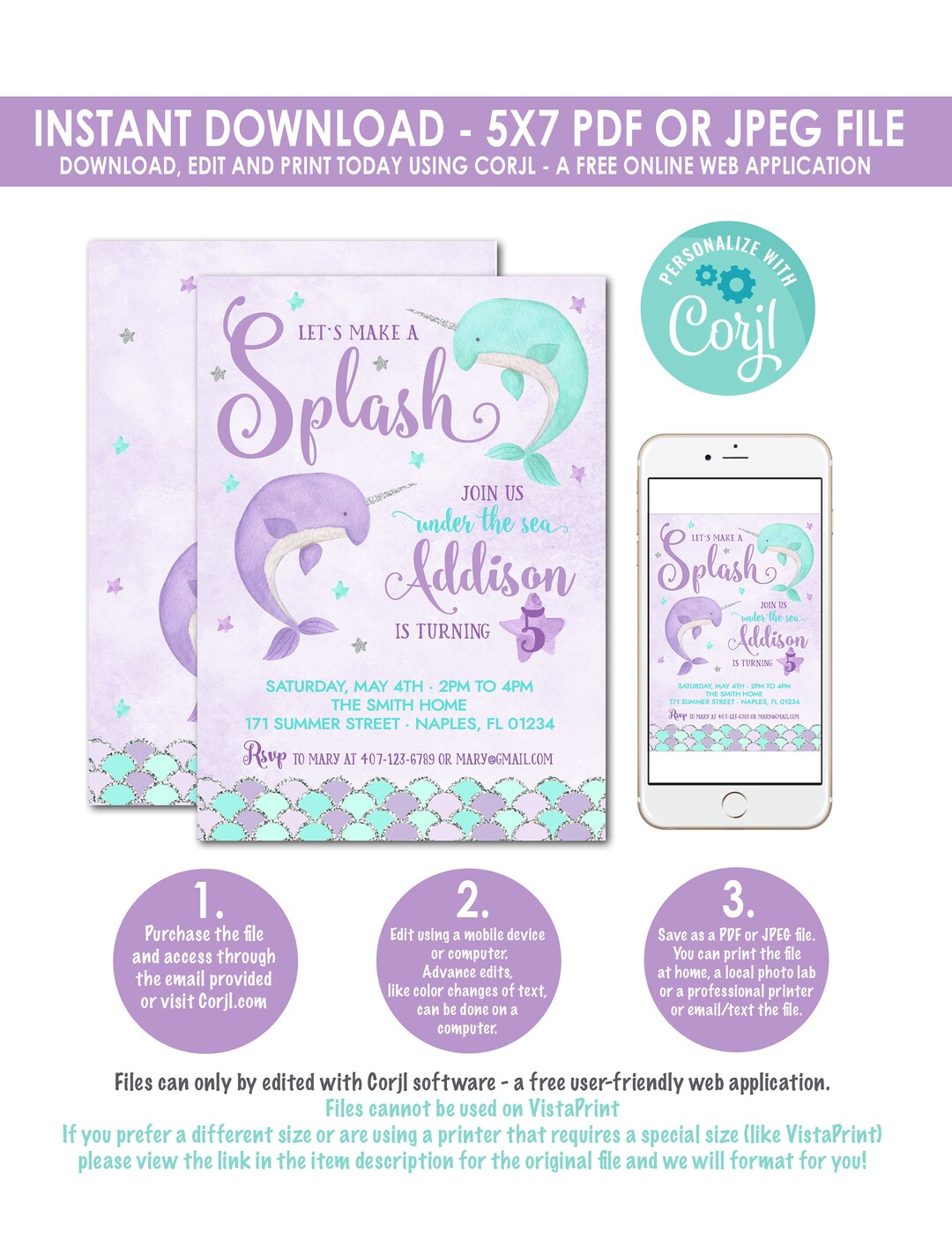 Narwhal Invitation, Mermaid Birthday Party, Under the Sea Invitation ...