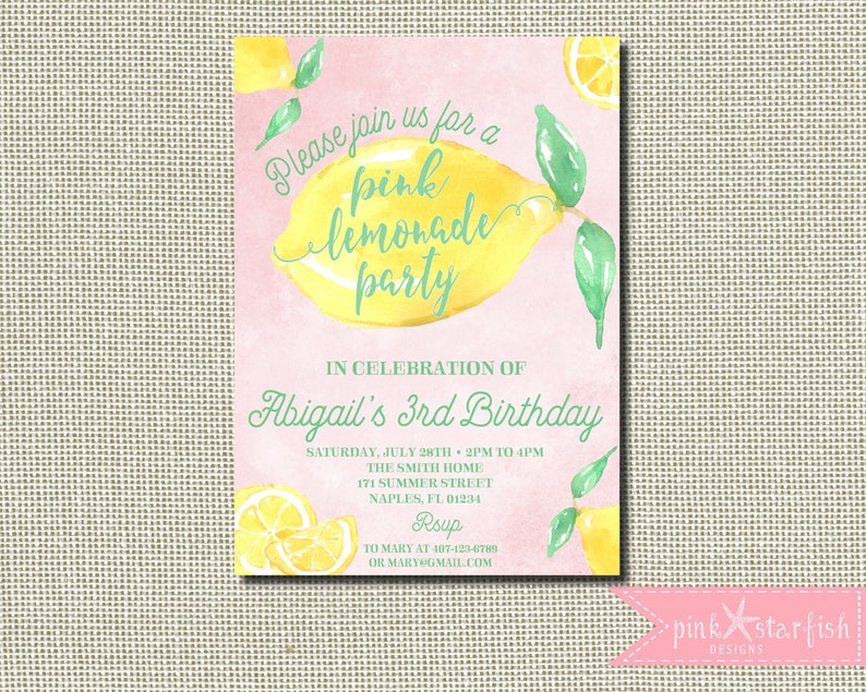 Lemonade Birthday Invitation Pink Lemonade Party Lemon | Etsy