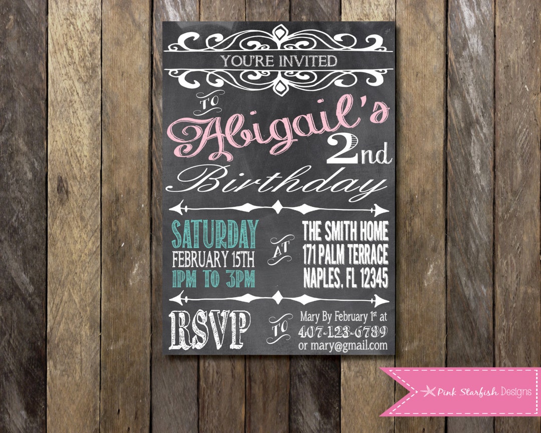PRINTABLE Second Birthday Invitation Chalkboard 2nd Birthday Invitation ...