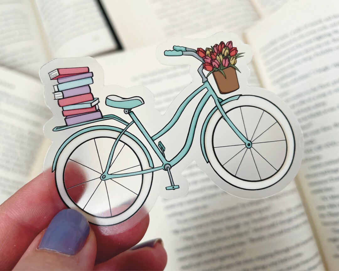 Bike With Books Sticker, Clear Vinyl Bookish Spring Sticker, Floral ...