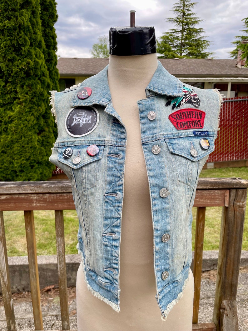 Vintage Cropped Denim Vest With Custom Heavy Metal Studs, Patches, and ...