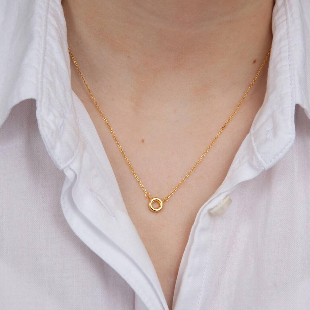 Gold Plated Sterling Silver Mini Circle Necklace / Small Round Circle ...