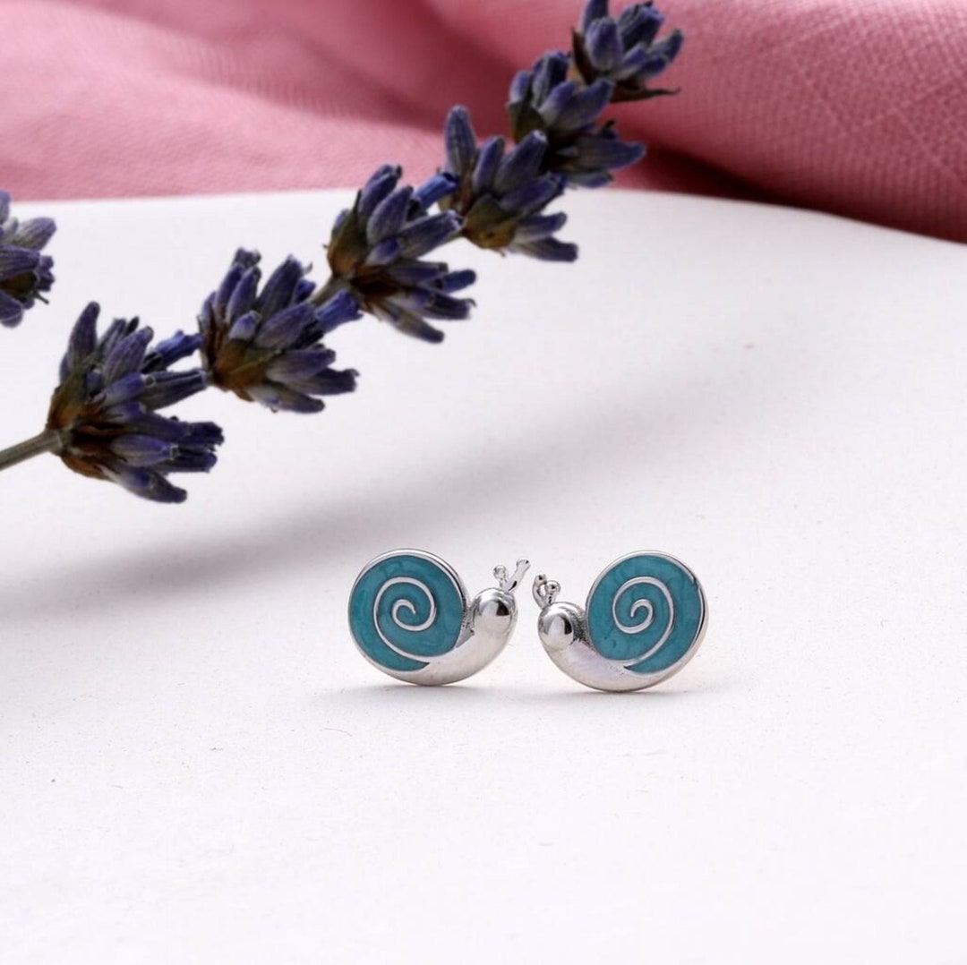 Sterling Silver Snail Earrings Studs / Blue Enamel Earring Snail ...