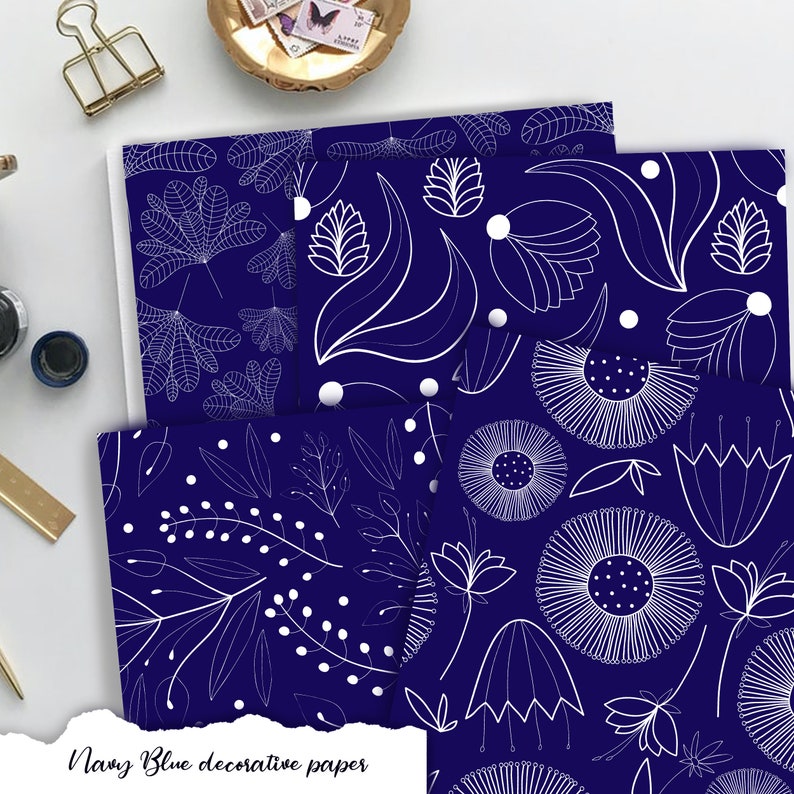 navy blue planner accessories Navy blue digital paper navy floral ...