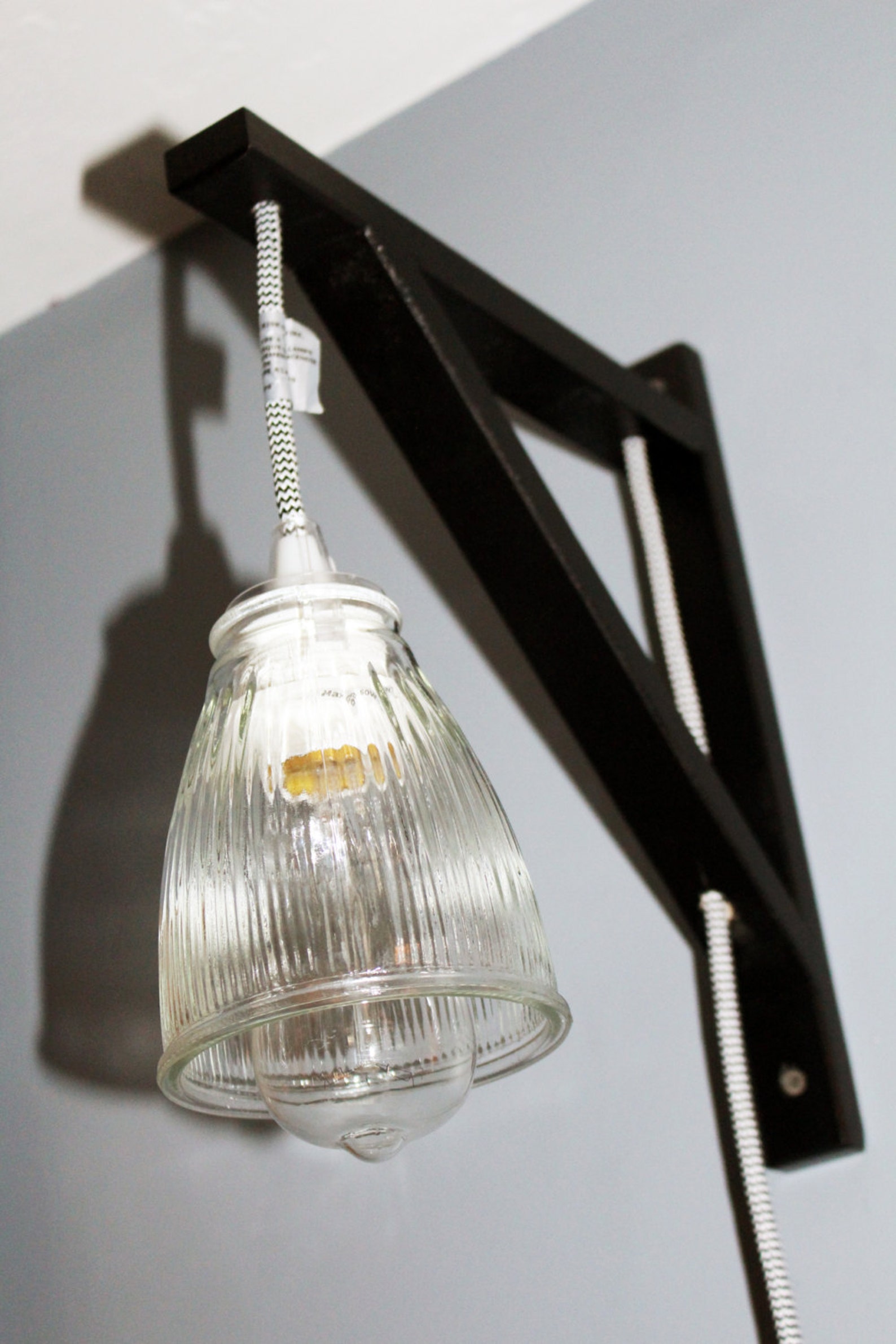 Wood Bracket Industrial Wall Sconce Light with Ribbed Glass | Etsy