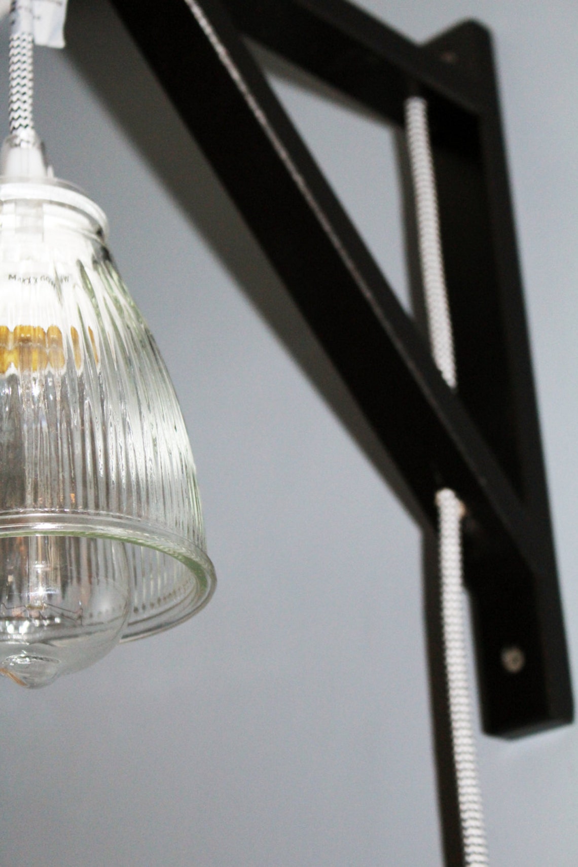 Wood Bracket Industrial Wall Sconce Light with Ribbed Glass | Etsy