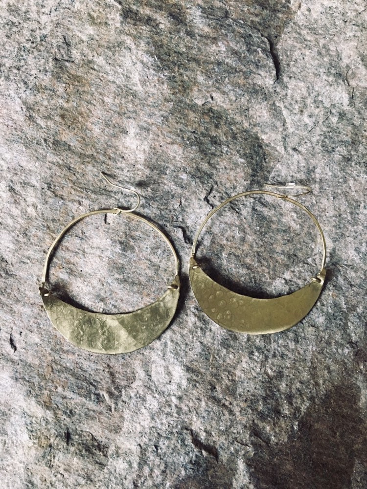 Hammered Brass Hoop Earrings, Crescent Hoops, Brass Hoops, Gold Hoops ...