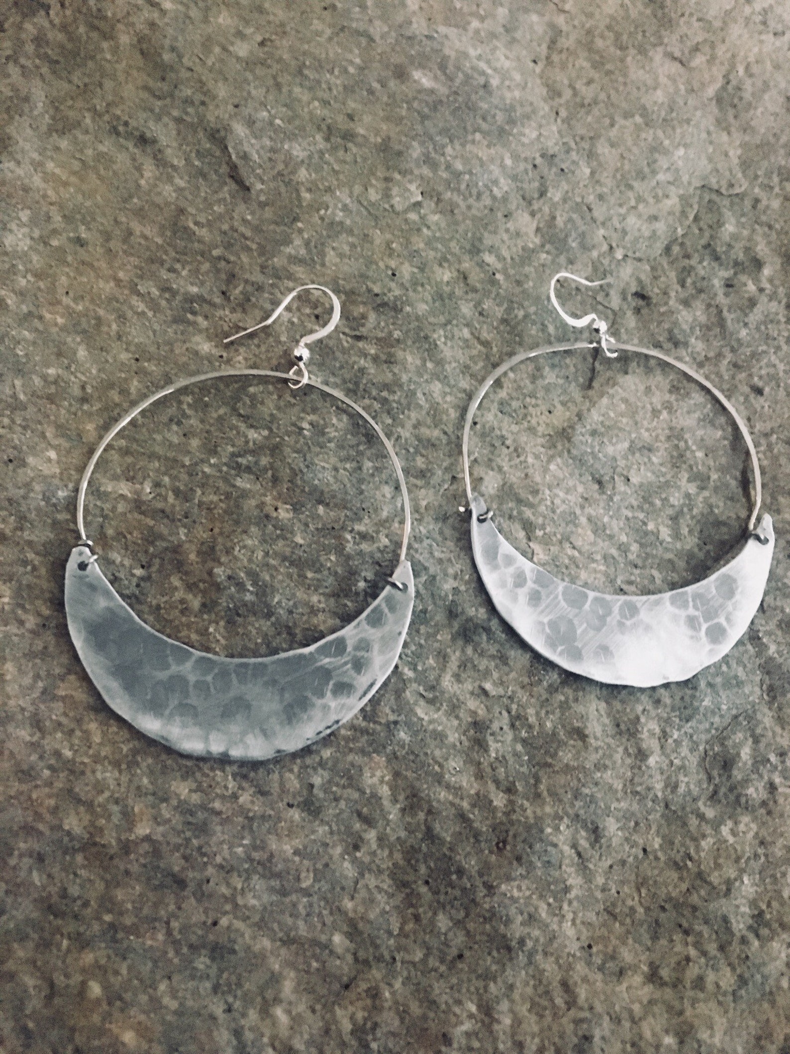Hammered Silver Hoop Earrings, Crescent Hoops, Pewter Aluminum Hoops ...