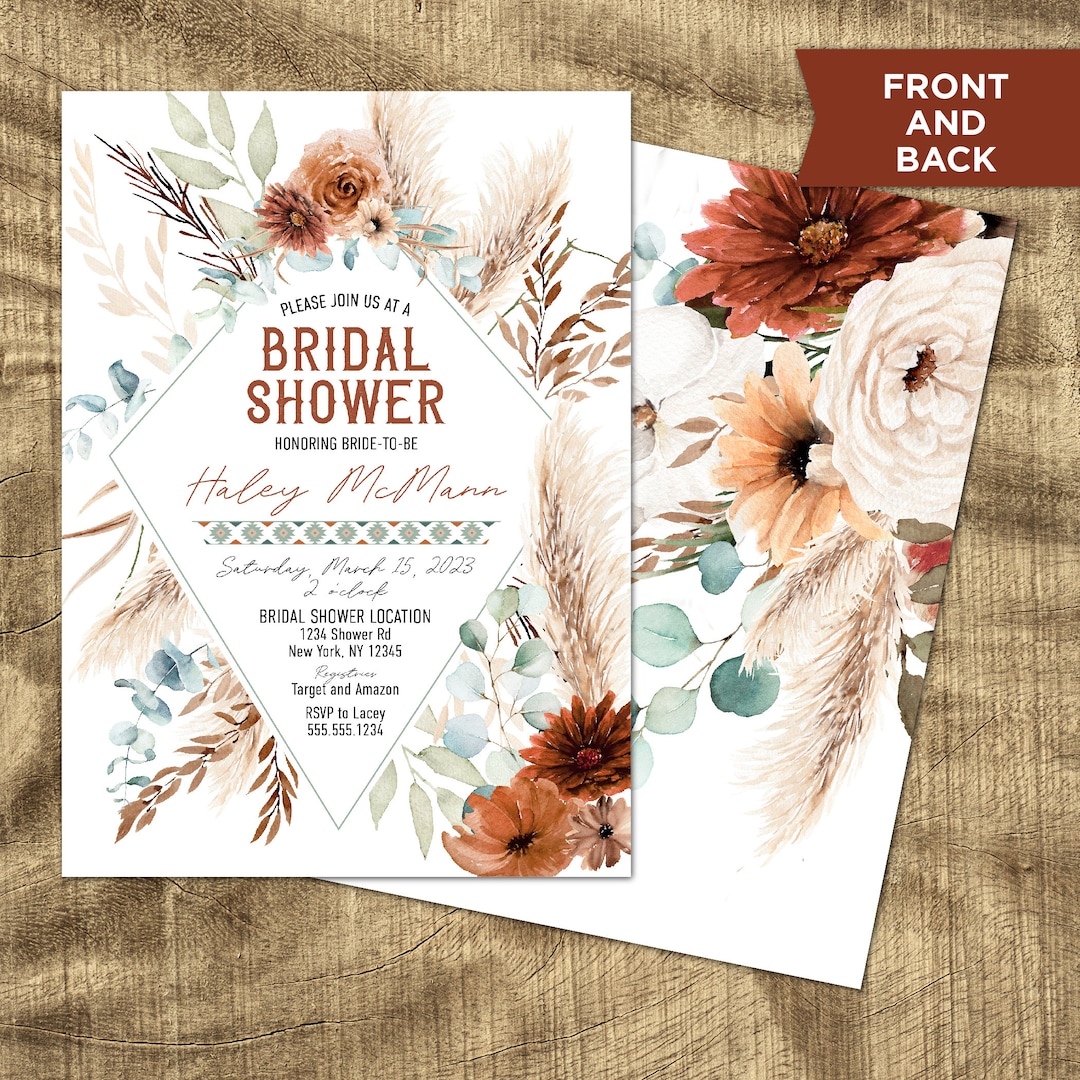 Bohemian Bridal Shower Invitation, Pampas Grass, Eucalyptus, Unique ...