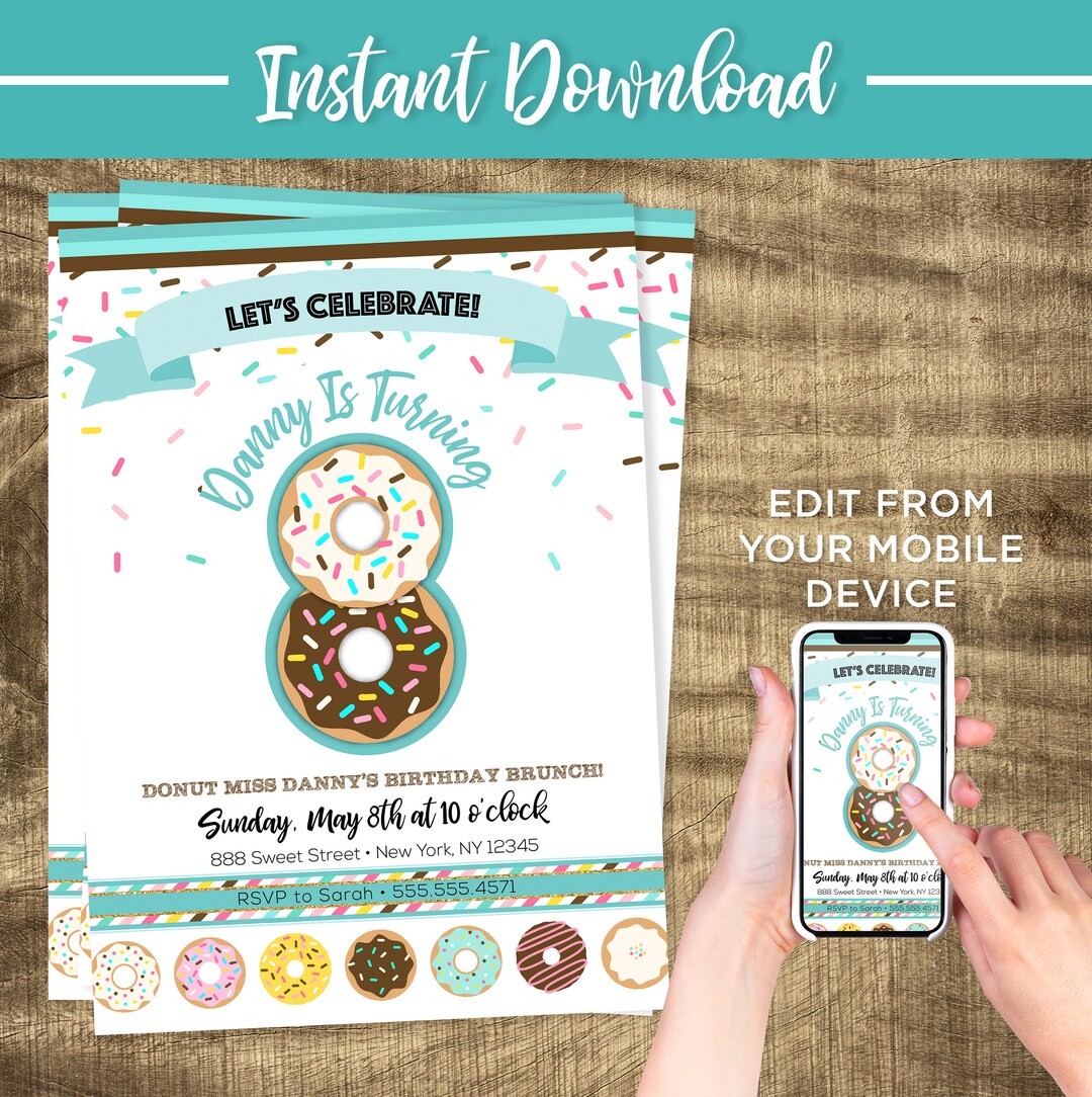 Editable Donut Birthday Invitation, 8th Birthday Invitations, DIY Donut ...