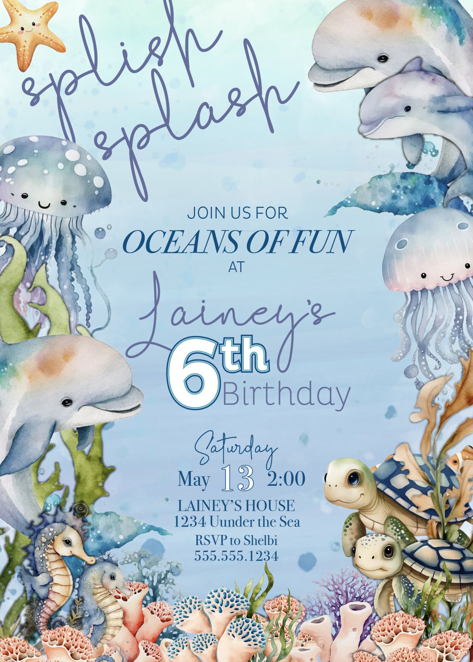 Dolphin Invitation Template, Editable 6th Birthday Invite, Birthday ...