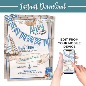 Editable Nautical Baby Shower Invitations, Sailboat Baby Shower, Baby ...