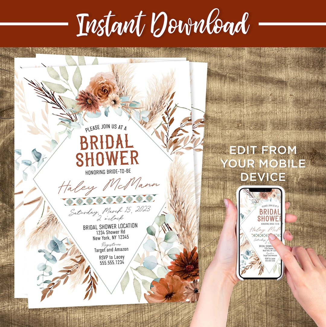 Boho Bridal Shower Invitation Template, Shower Invites, Bohemian Bridal ...