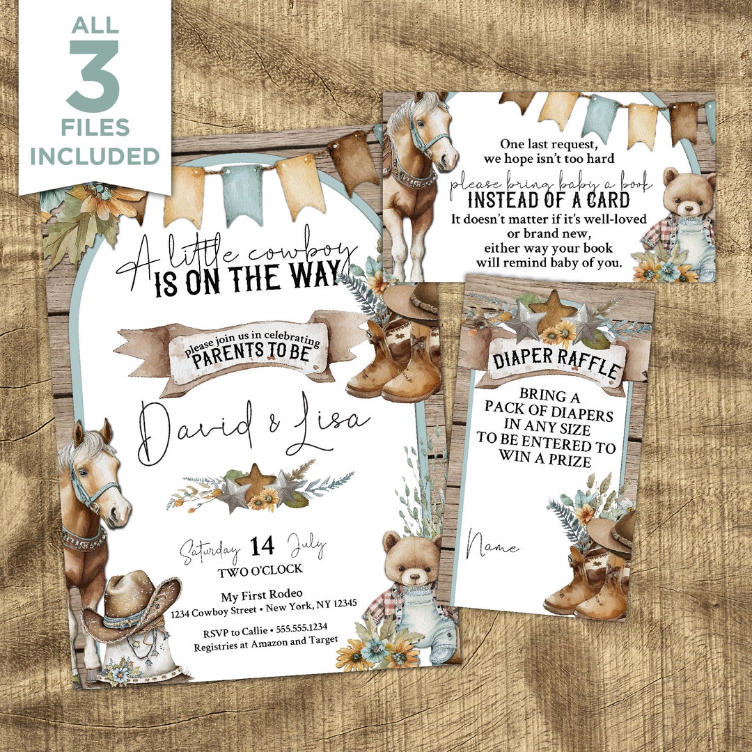 Cowboy Baby Shower Invitation Kit, Co-ed Baby Shower Bundle, Rustic ...