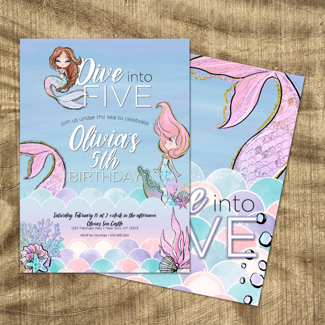 5th Birthday Invitations, Mermaid Birthday Invite, Birthday Theme for ...