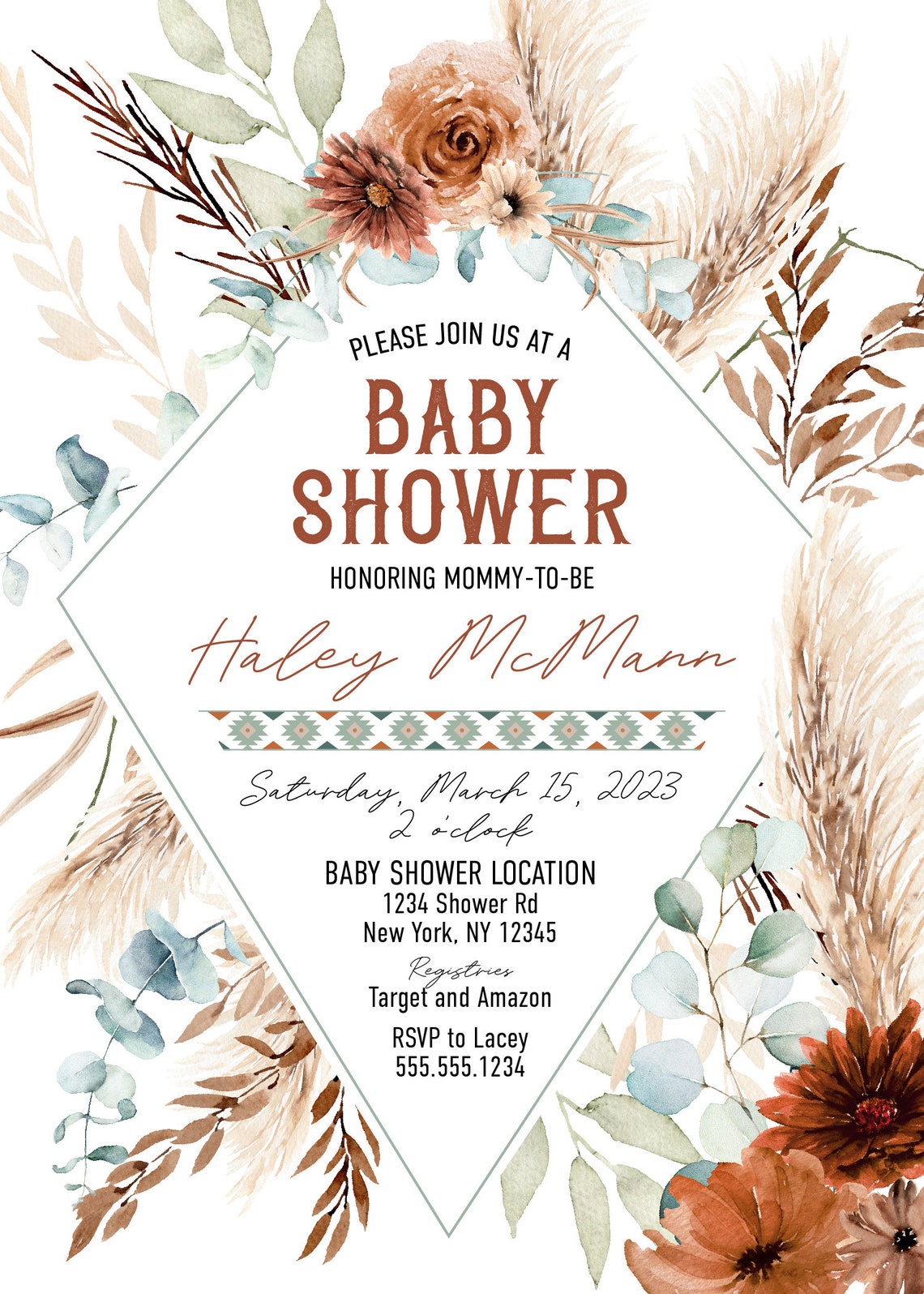 Co-ed Shower Invite, Boho Baby Shower Invitation, Pampas Grass ...