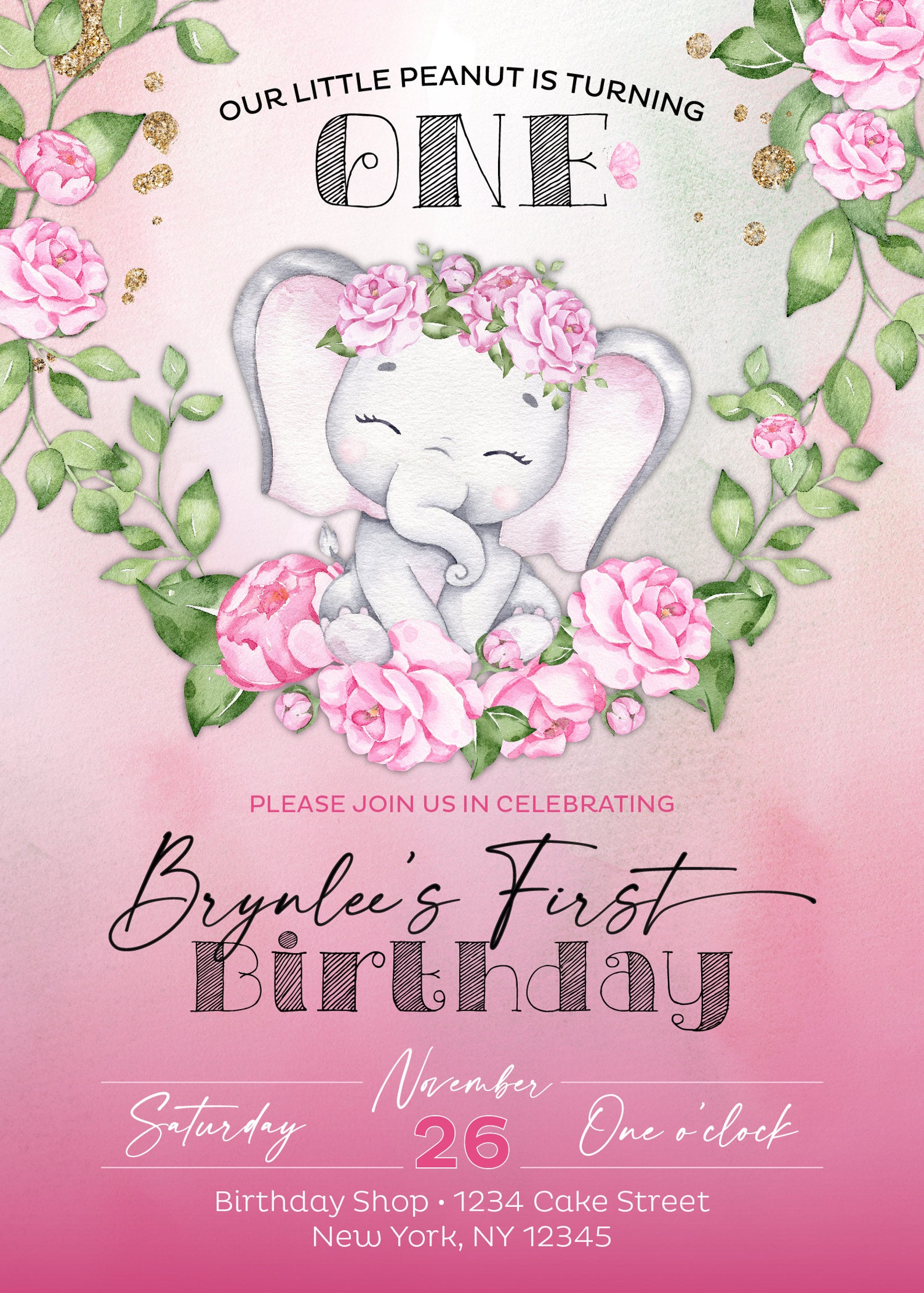 Elephant Birthday Invitation, First Birthday Invitation Template ...