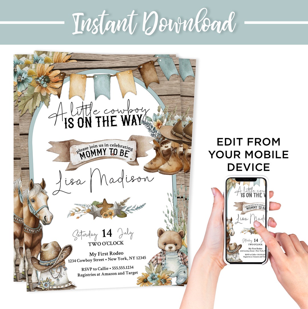Editable Cowboy Invitation, Instant Download, Digital Baby Boy Shower ...