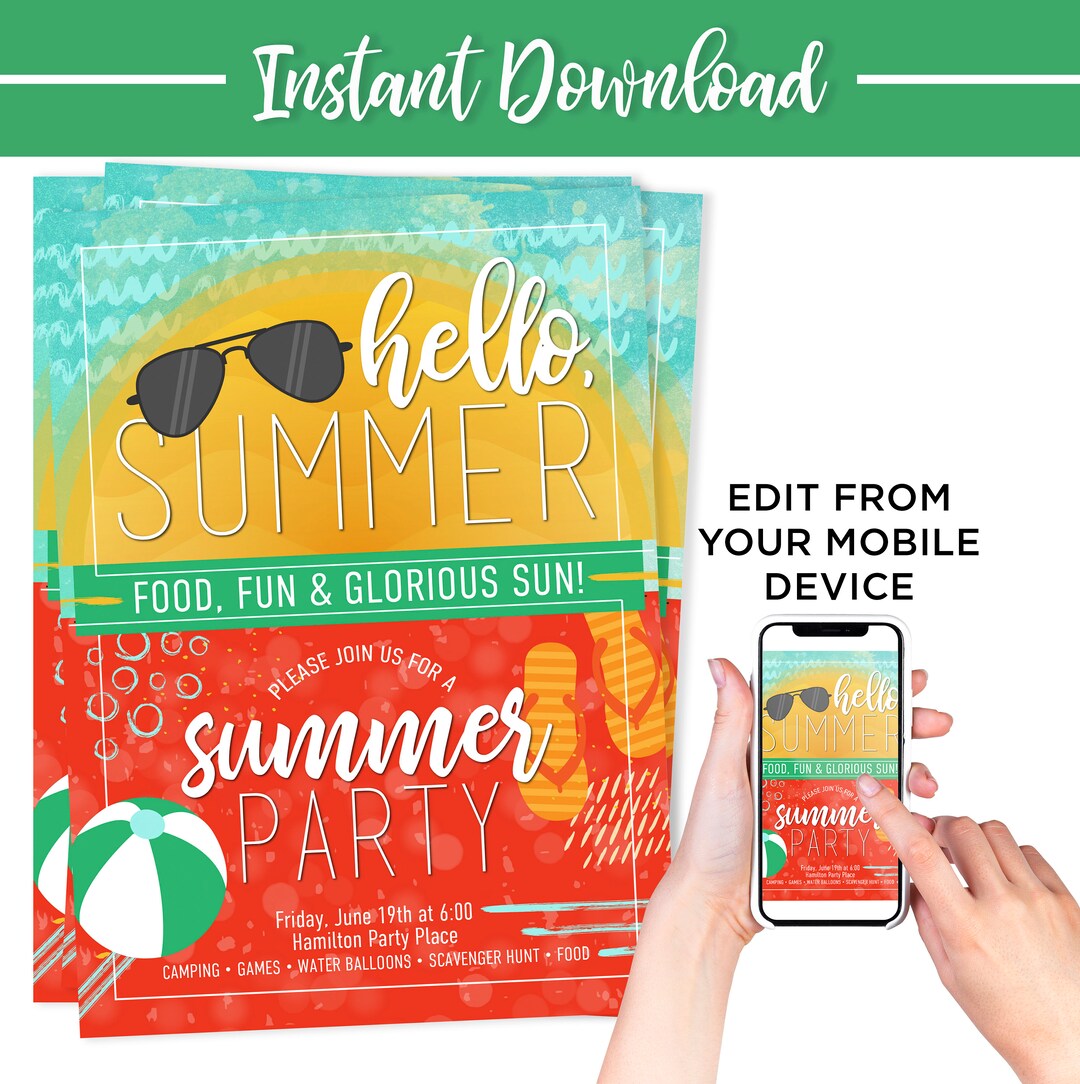 Editable Summer Party Invitations, Pool Party Invitations, Edit ...