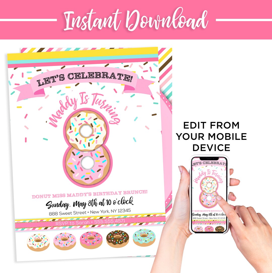 Editable Donut Birthday Invitation, 8th Birthday Invitations, DIY Donut ...