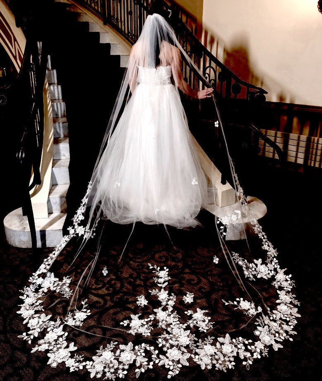Floral 3D Long Floor Cathedral Wedding Veil, Flower Lace Veil ...
