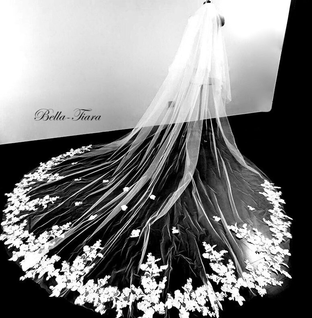 Floral Lace Trim Cathedral Veil, Long Floor Length Floral Lace Wedding ...