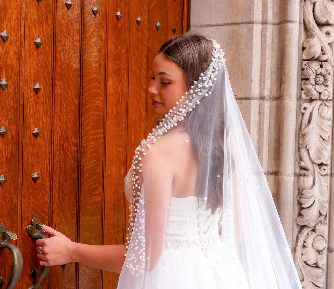 Pearl Edge Wedding Veil, Pearl Trim Cathedral Veil, Cathedral Veil With ...