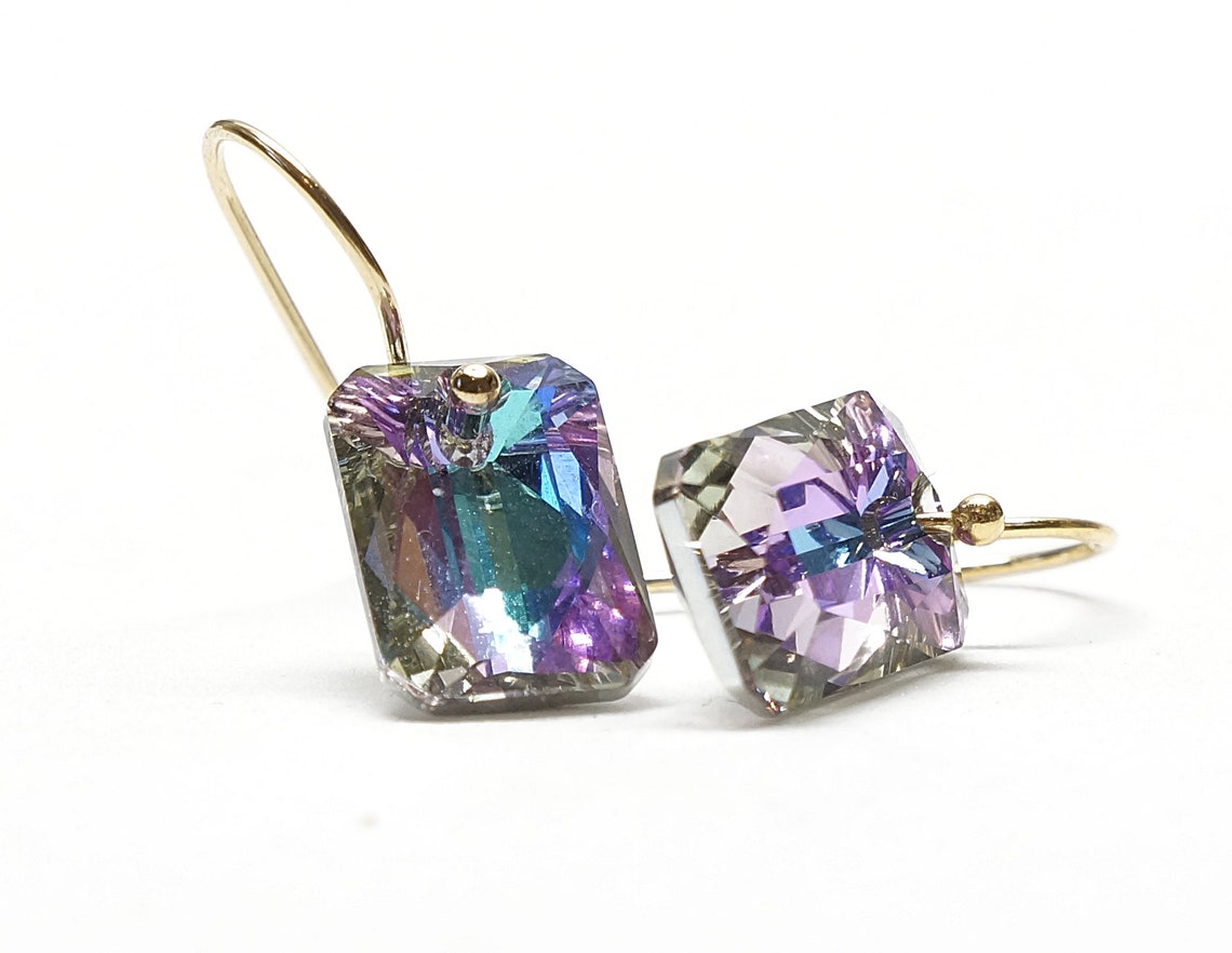 Tiny Crystal Earrings. Small Gold Filled Drop Earrings With Purple ...