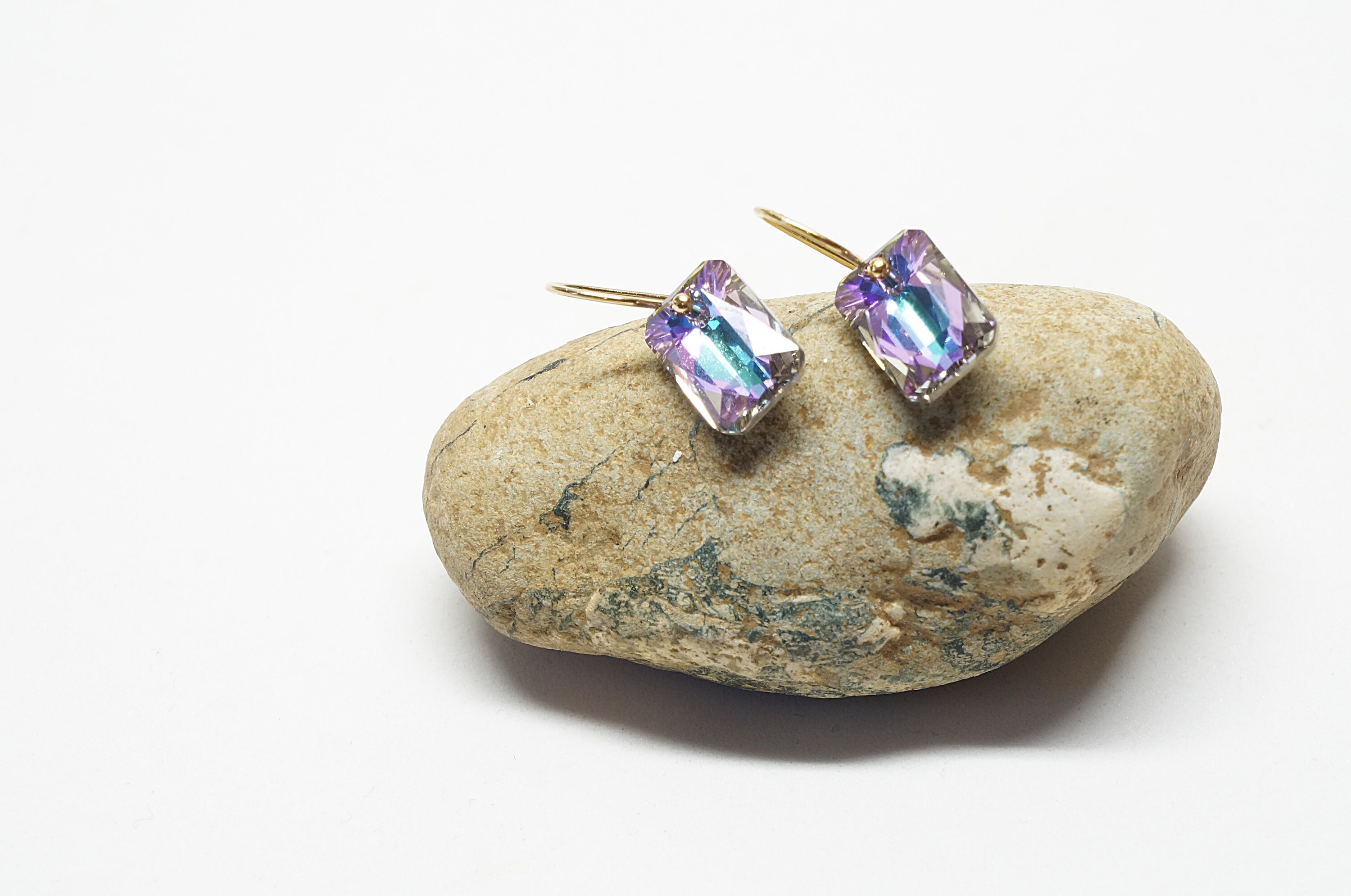 Tiny Crystal Earrings. Small Gold Filled Drop Earrings With Purple ...