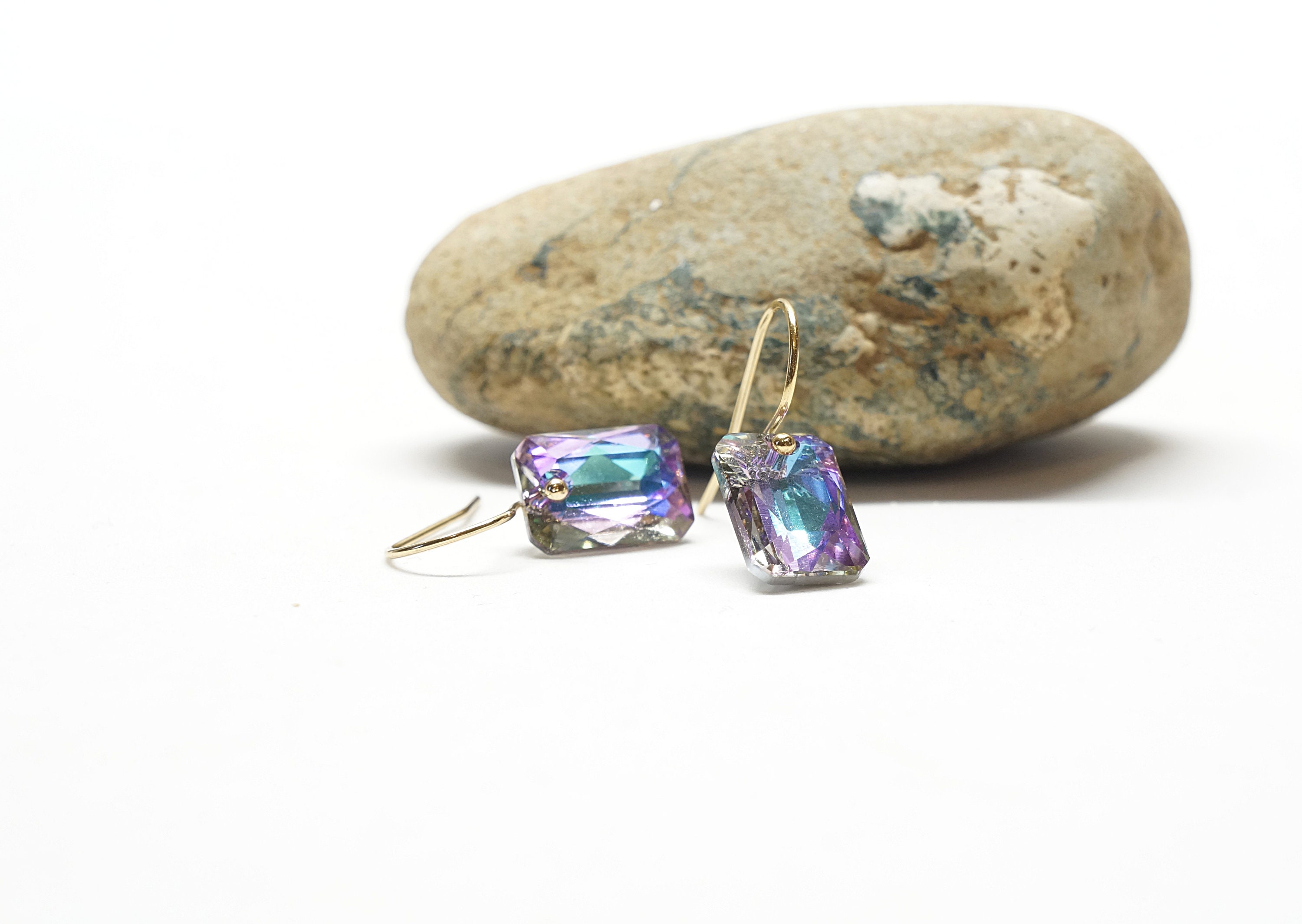 Tiny Crystal Earrings. Small Gold Filled Drop Earrings With Purple ...