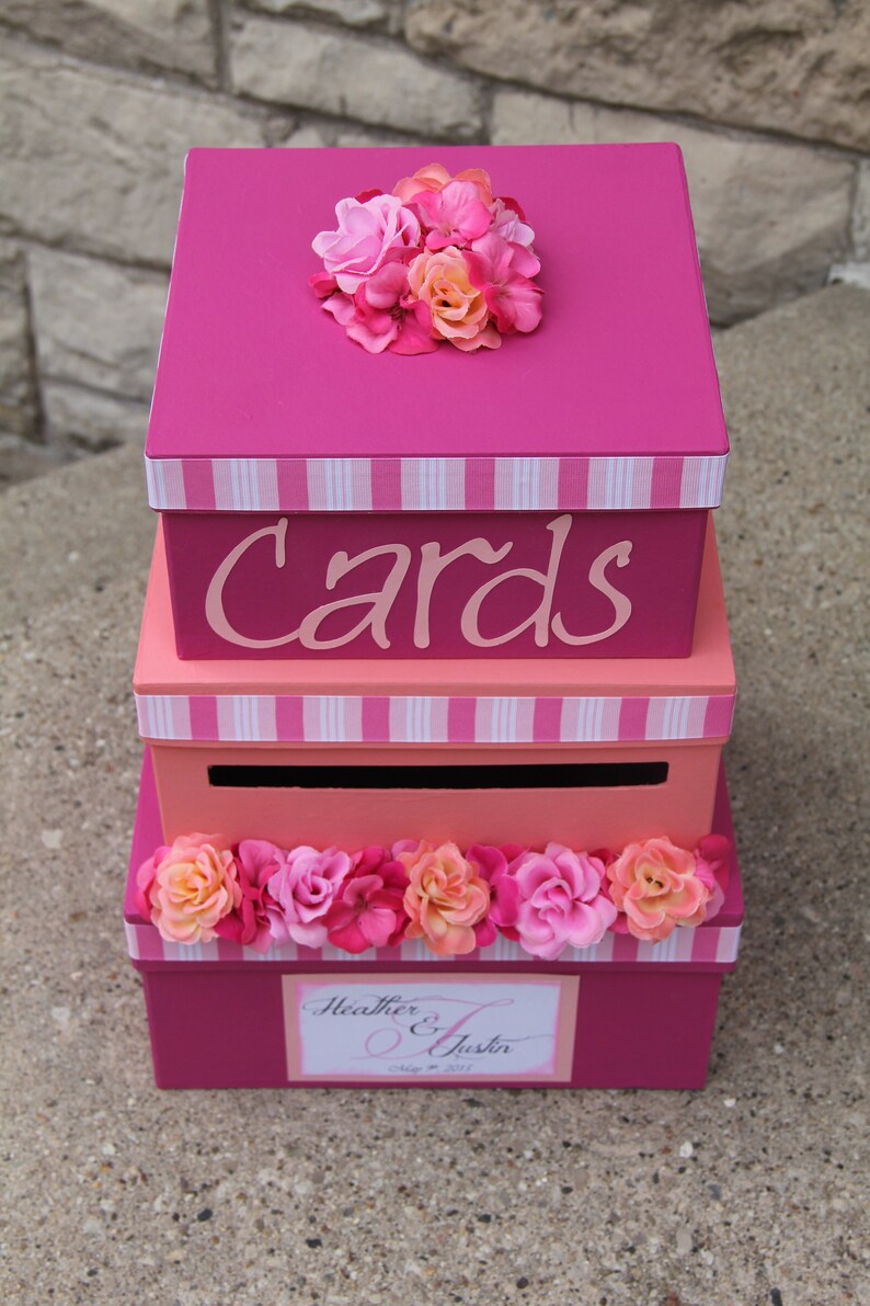 Custom Wedding Card Box / 3 Tier / Square Card Box / Pink and Coral ...